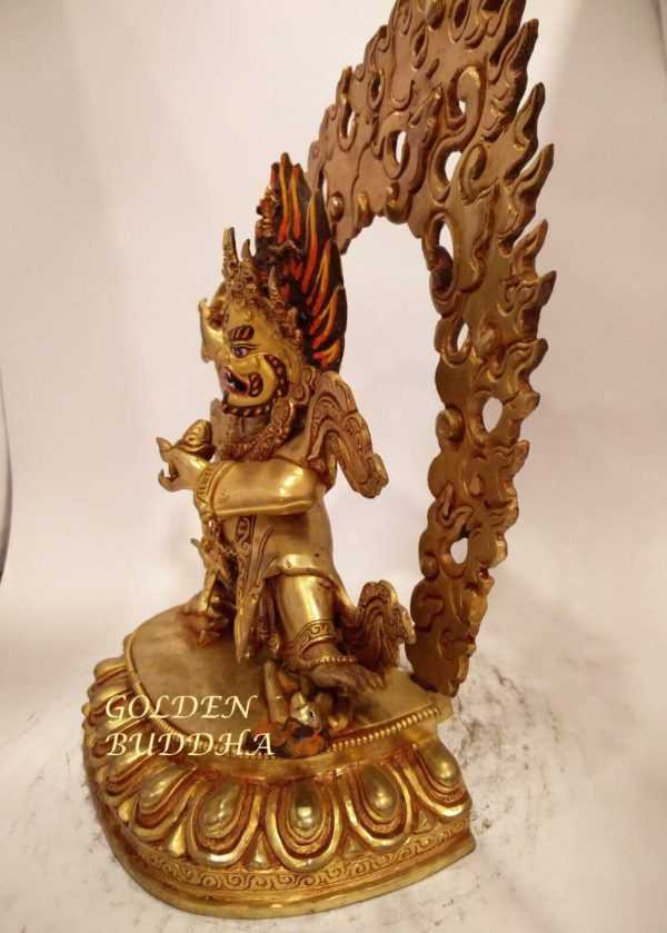 Black Cloaked Mahakala Sculpture, 10" Fully Gilded 24k Gold