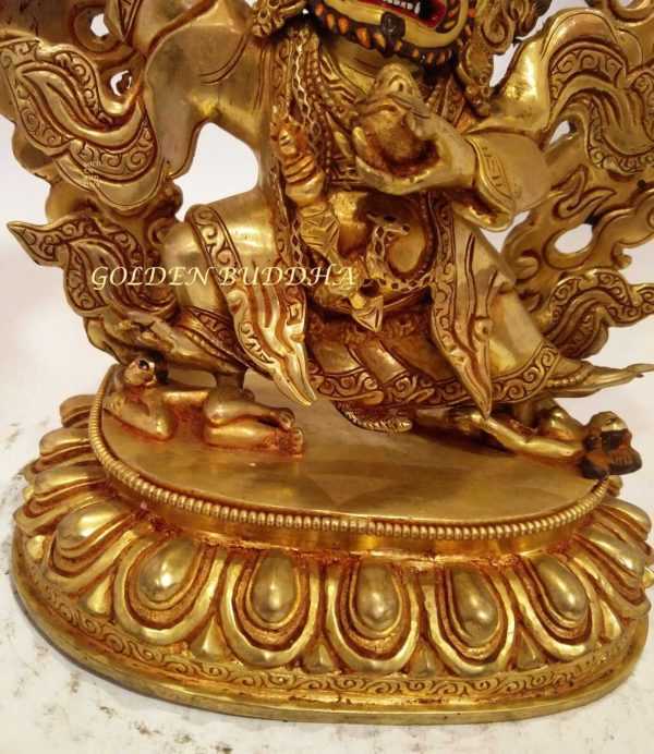 Black Cloaked Mahakala Sculpture, 10" Fully Gilded 24k Gold