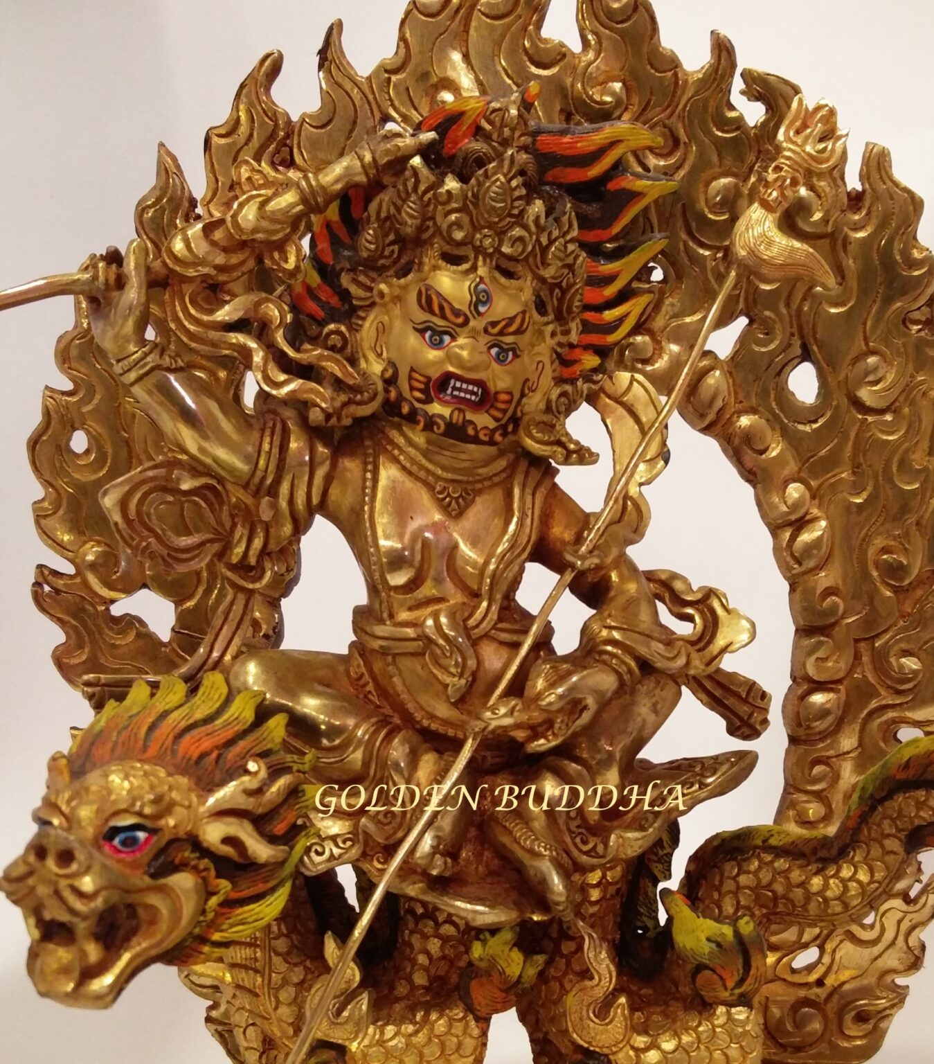 White Dzambhala Sculpture on Green Dragon, 9" Gold Gilded, Handmade