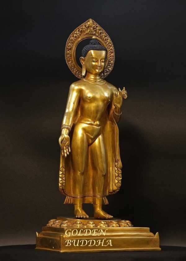 Standing Maitreya Statue 49cm, Fire Gilded 24k Gold, Low Luster