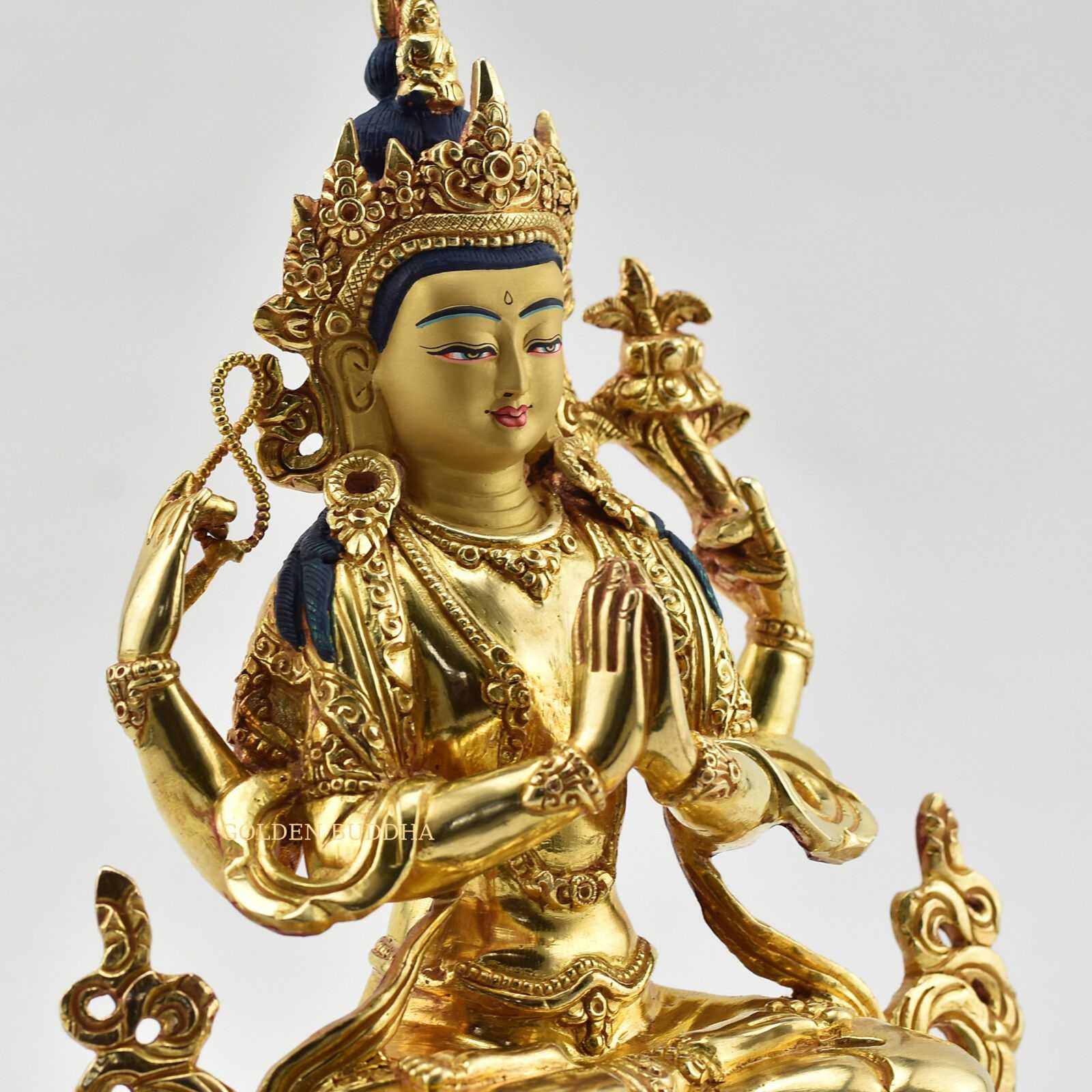 9" Chenrezig Statue with Floating Mala, Fire Gilded in 24K Gold