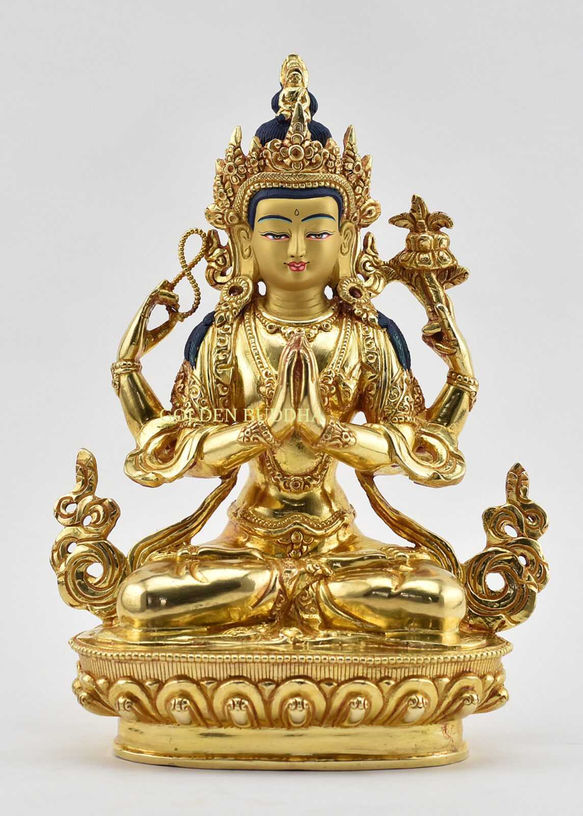 9" Chenrezig Statue with Floating Mala, Fire Gilded in 24K Gold