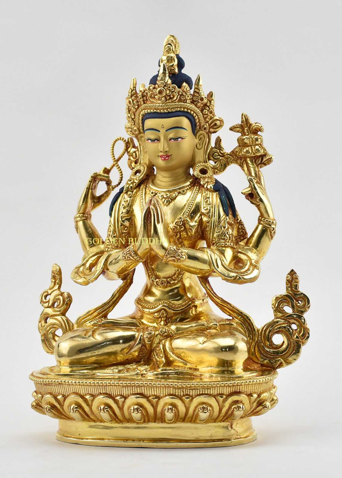 9" Chenrezig Statue with Floating Mala, Fire Gilded in 24K Gold