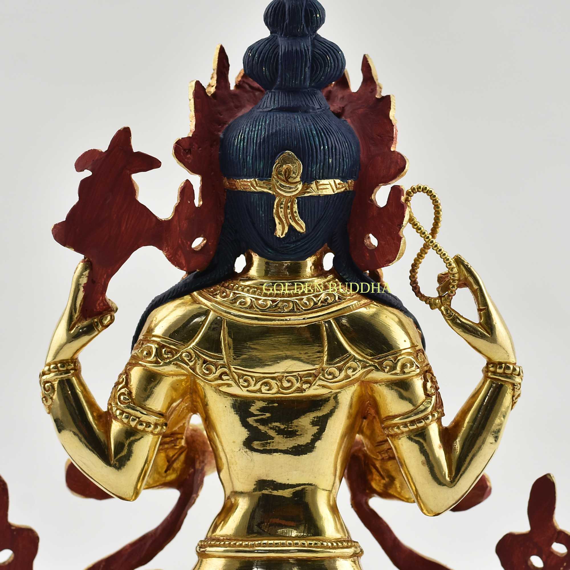 9" Chenrezig Statue with Floating Mala, Fire Gilded in 24K Gold