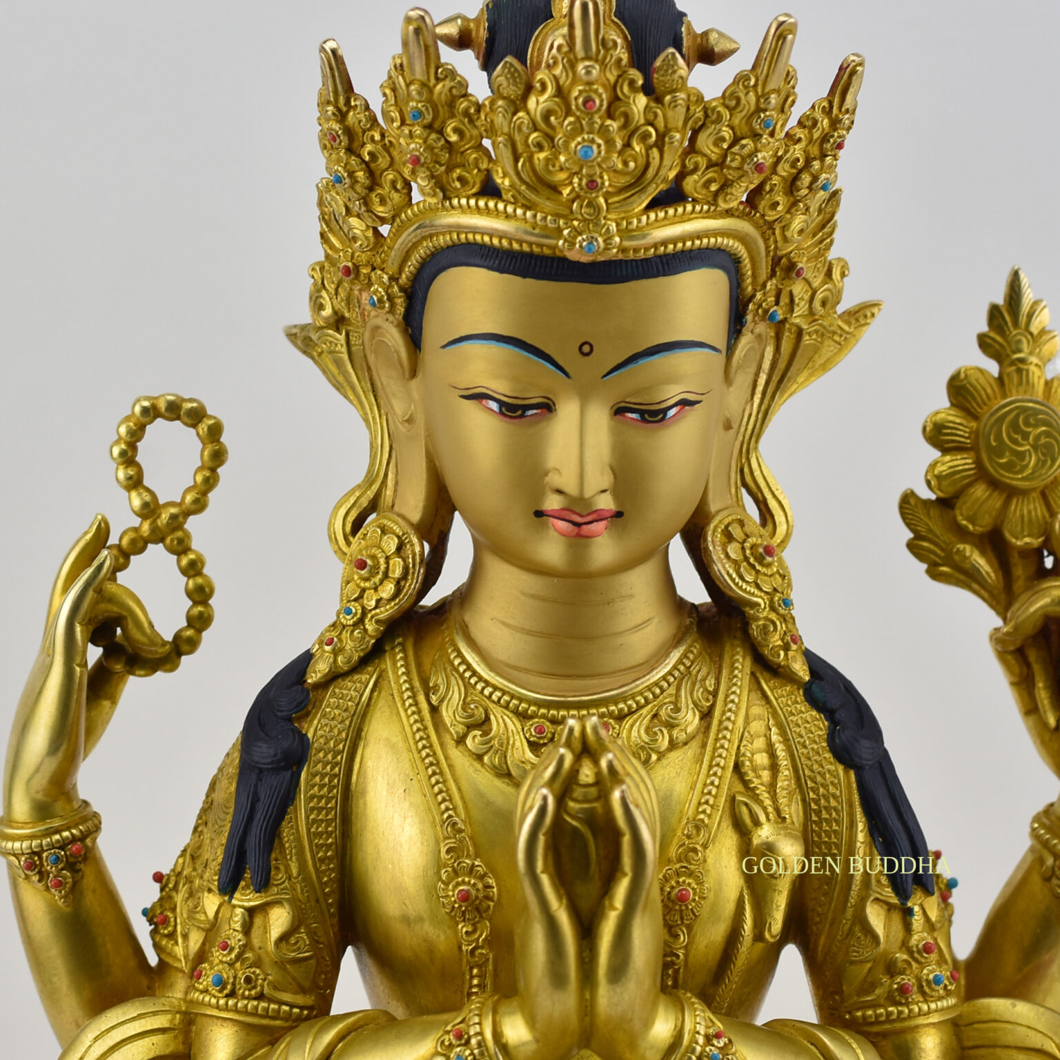Chenrezig Statue, 14", Fire Gilded 24K Gold, Floating Mala